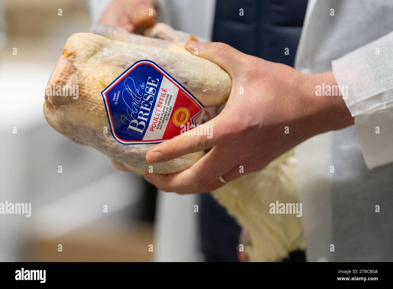 Cette photographie montre un employé qui travaille avec de la volaille ...