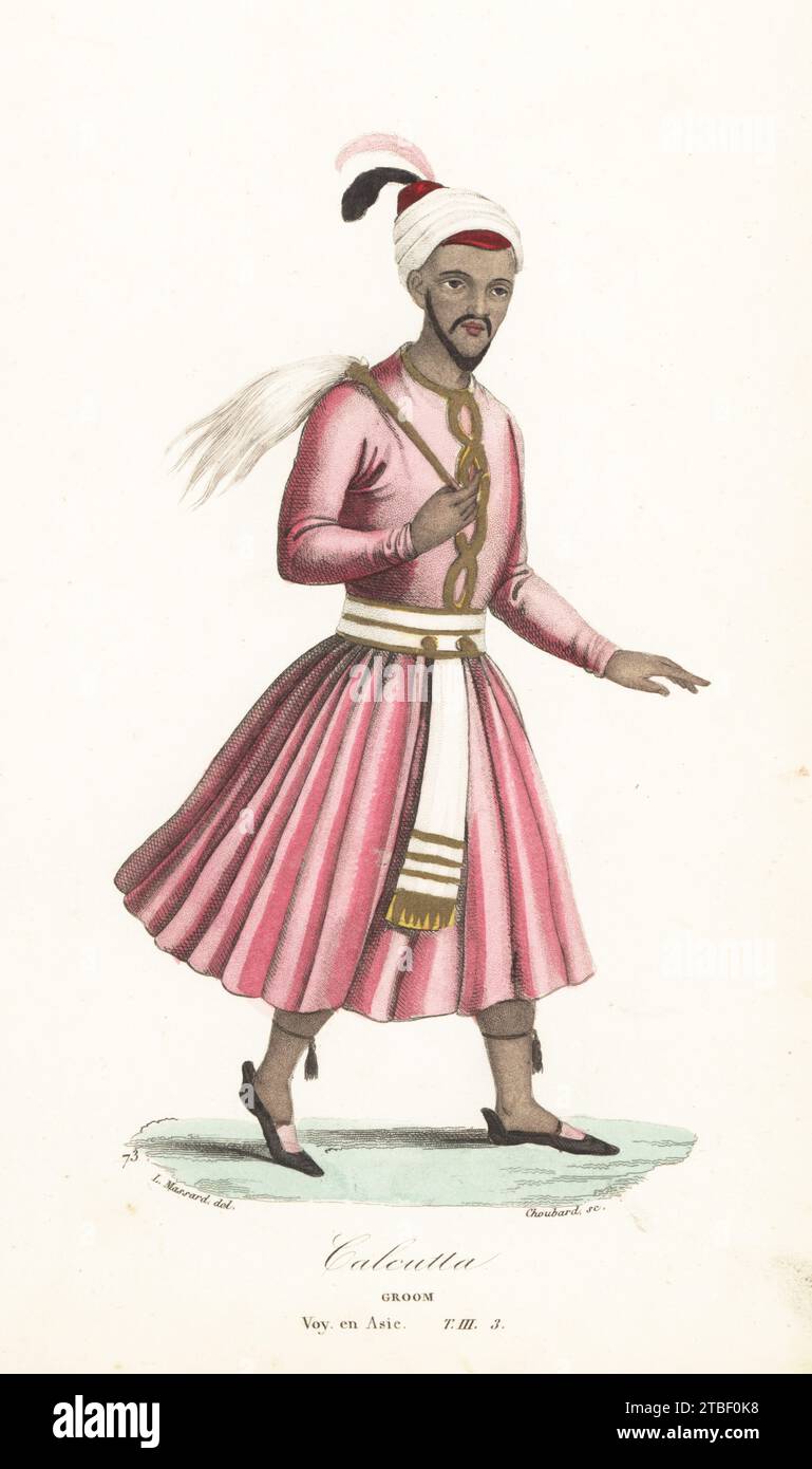 Costume d'un marié, Kolkata, Inde. En turban plumé, chemise rose avec ...