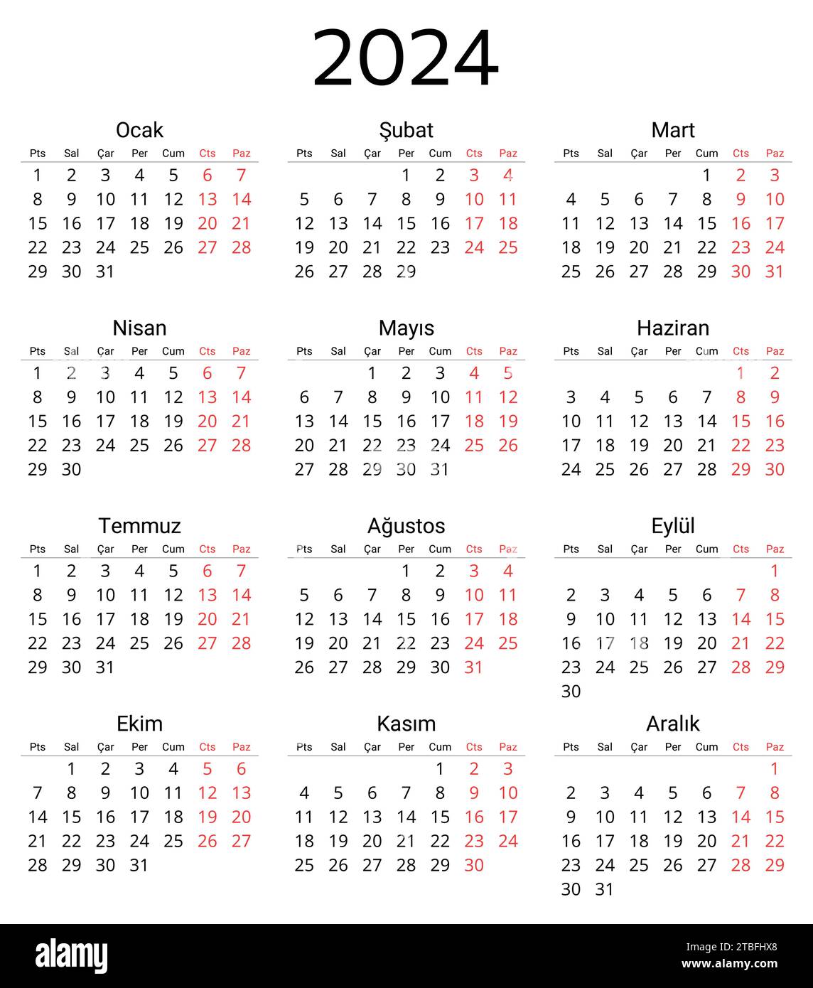calendrier turc 2024. Illustration vectorielle imprimable et éditable ...