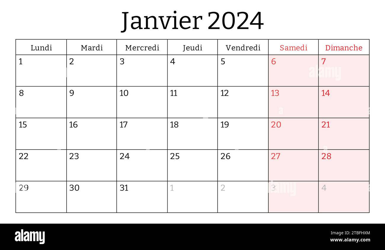 Calendrier mensuel français de janvier 2024. Illustration imprimable ...