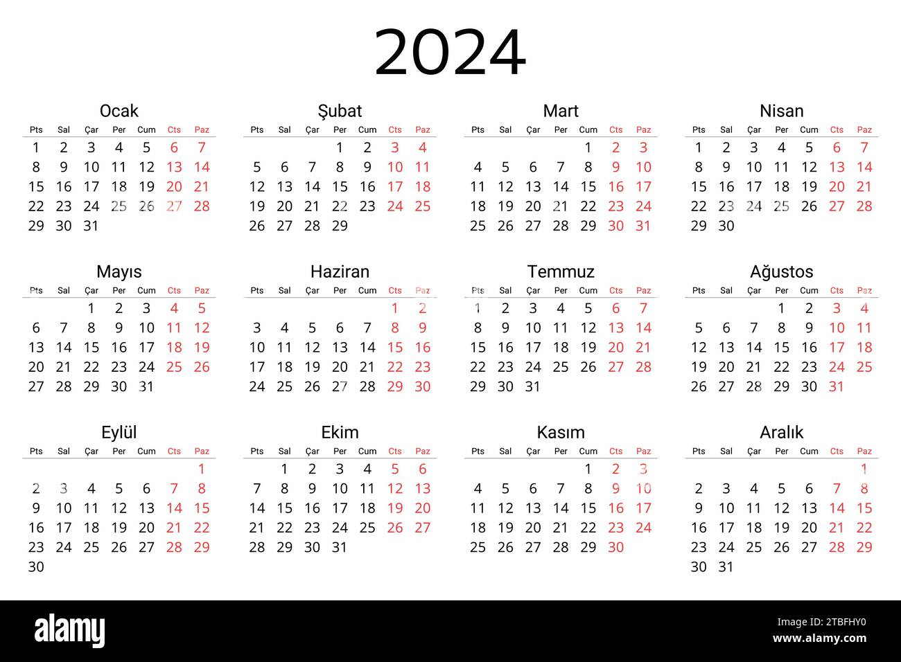 calendrier turc 2024. Illustration vectorielle imprimable et éditable ...