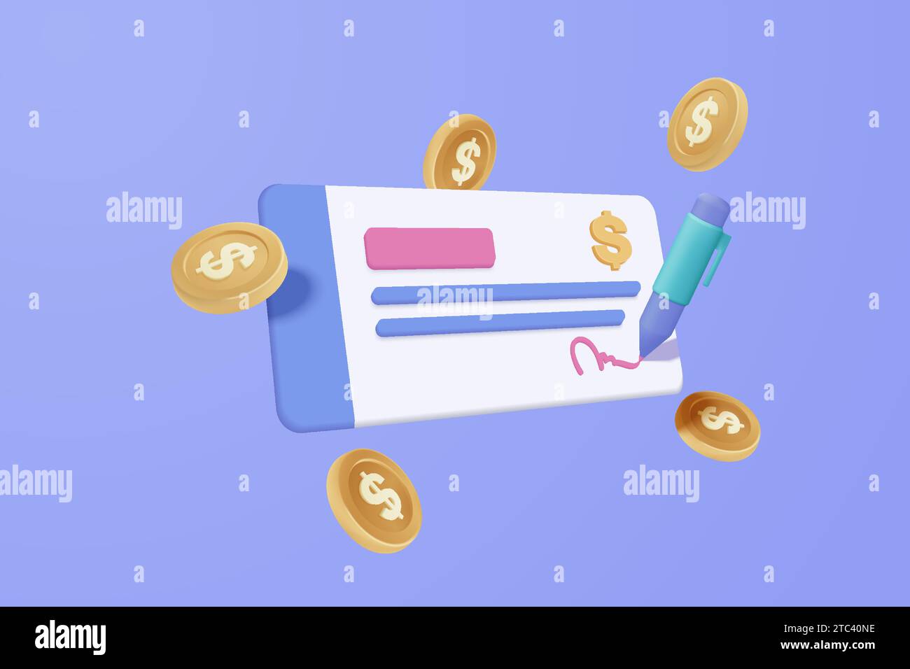 Chèque bancaire 3D et monnaie avec stylo, virement de fonds, reçu de ...