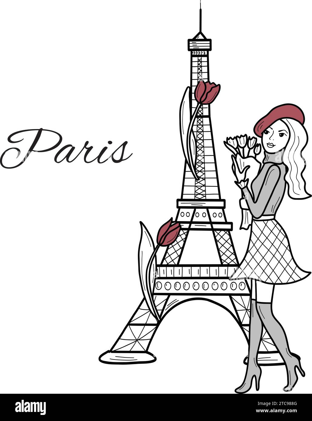 Jeune fille en béret avec bouquet sur fond avec Tour Eiffel avec fleurs ...