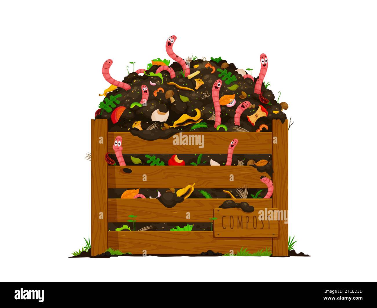 Vers de terre drôles dans une boîte à compost en bois avec sol et ...