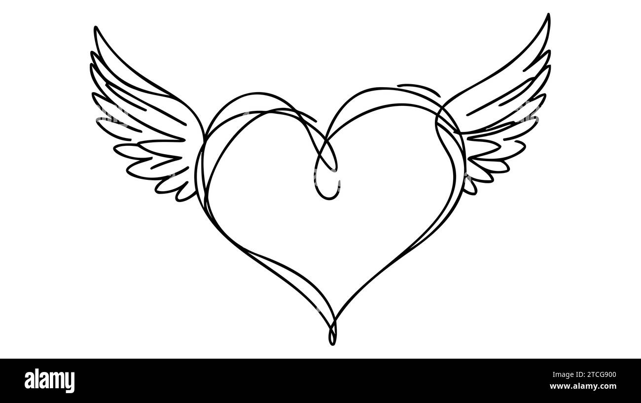 Dessin au trait continu. Coeur avec ailes. Saint Valentin. Amour. Noir ...