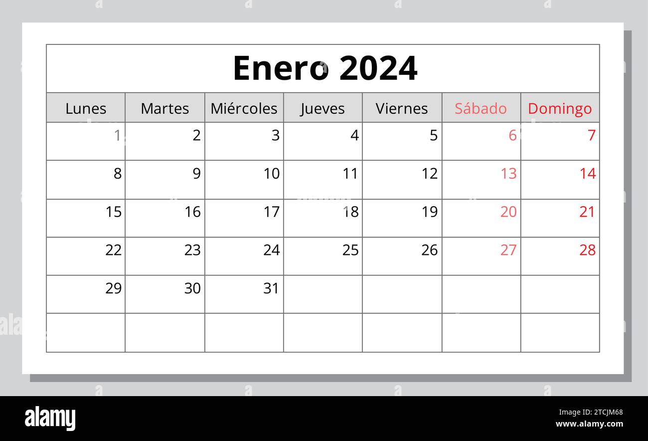 ESPAGNOL janvier 2024 mois calendrier. Illustration imprimable ...