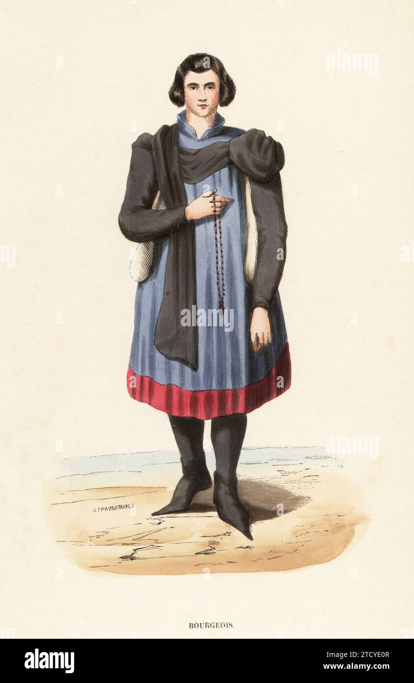 Costume d'un bourgeois, Allemagne, 15e siècle. En tunique bleue sans ...