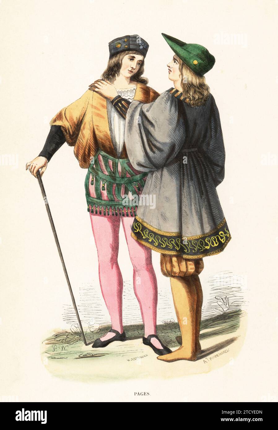 Page boys, 15e siècle. Un en tuque, doublet court, tuyau rouge, tenant ...