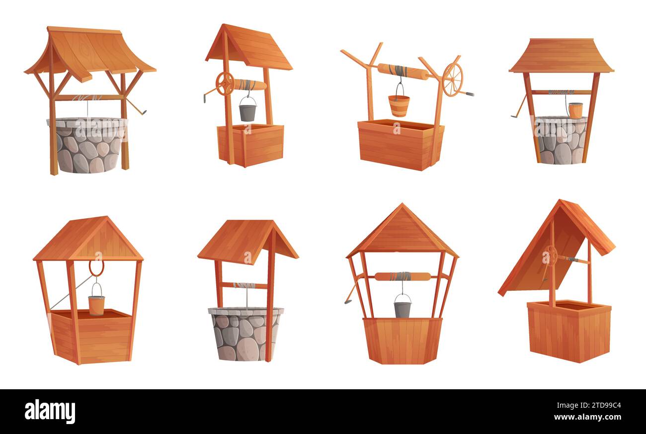 Illustration vectorielle des puits d'eau. Dessin animé isolé anciennes ...