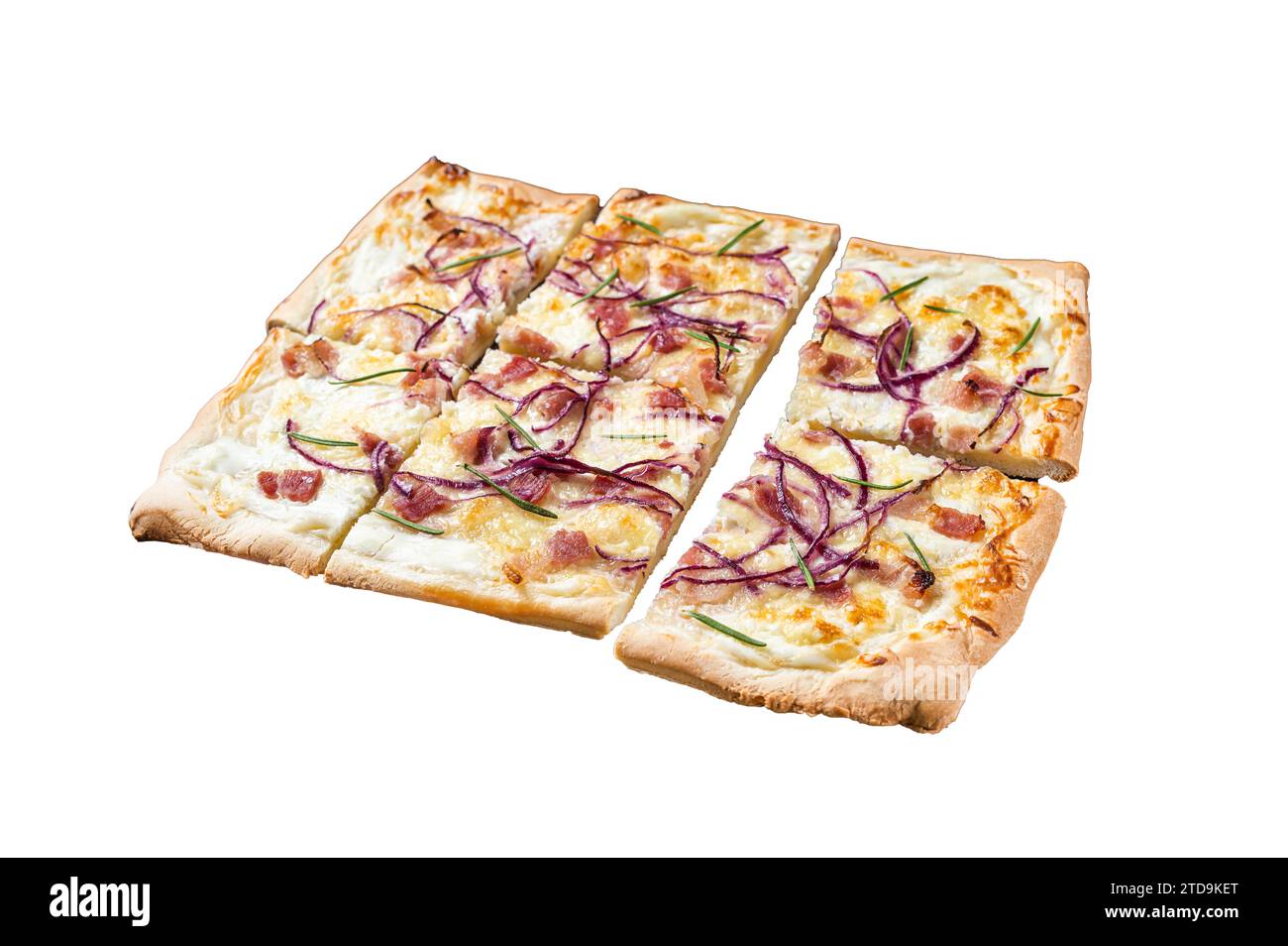 Tarte flambee française avec fromage à la crème, bacon et oignons ...