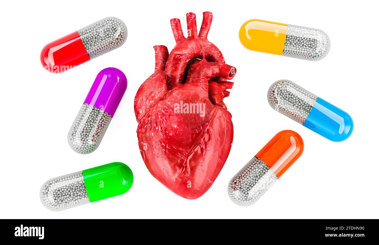 Coeur humain avec capsules de médicament. Médicaments pour les maladies ...