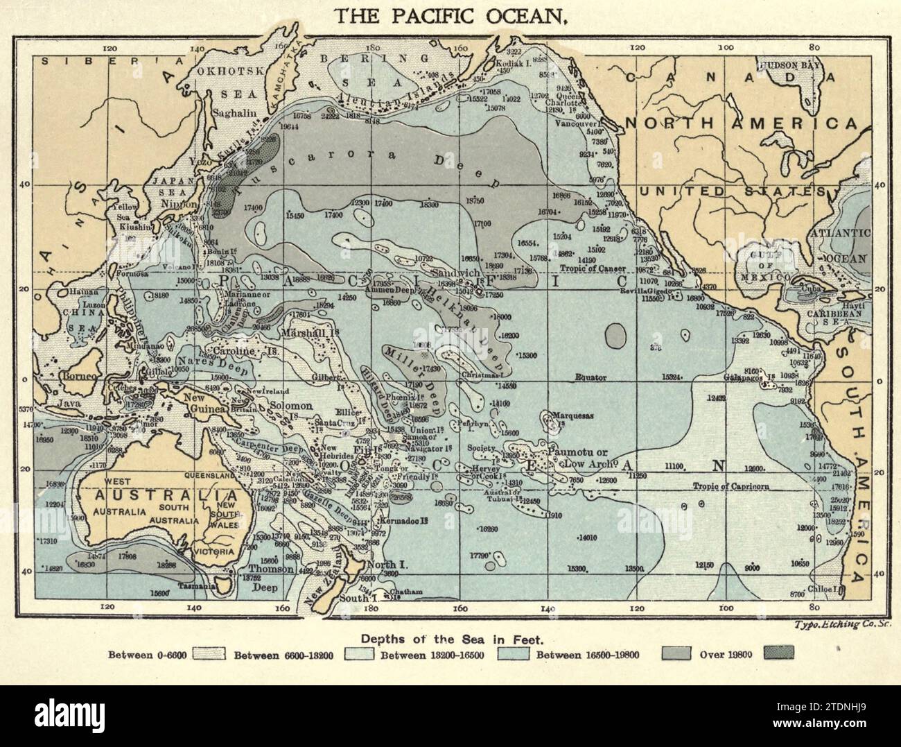 La carte de l'océan Pacifique avec les contours sous-marins du livre ...