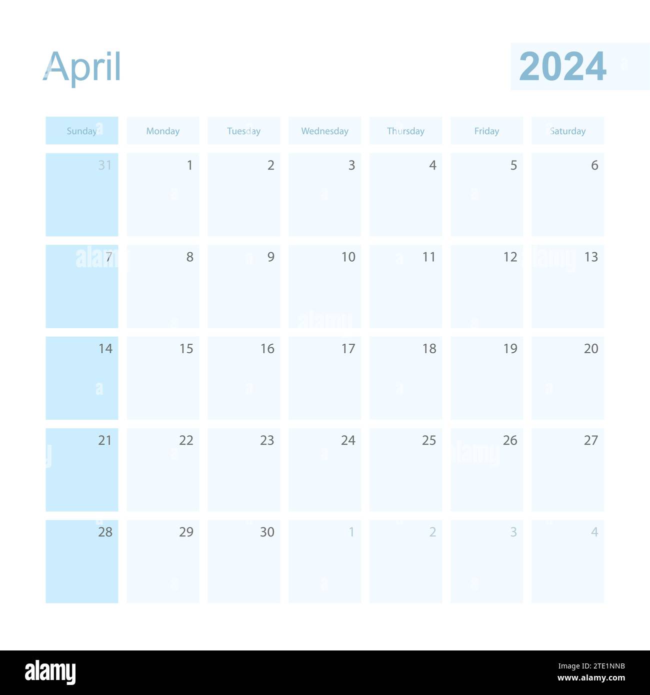 2024 avril planificateur mural en couleur bleue, la semaine commence le ...