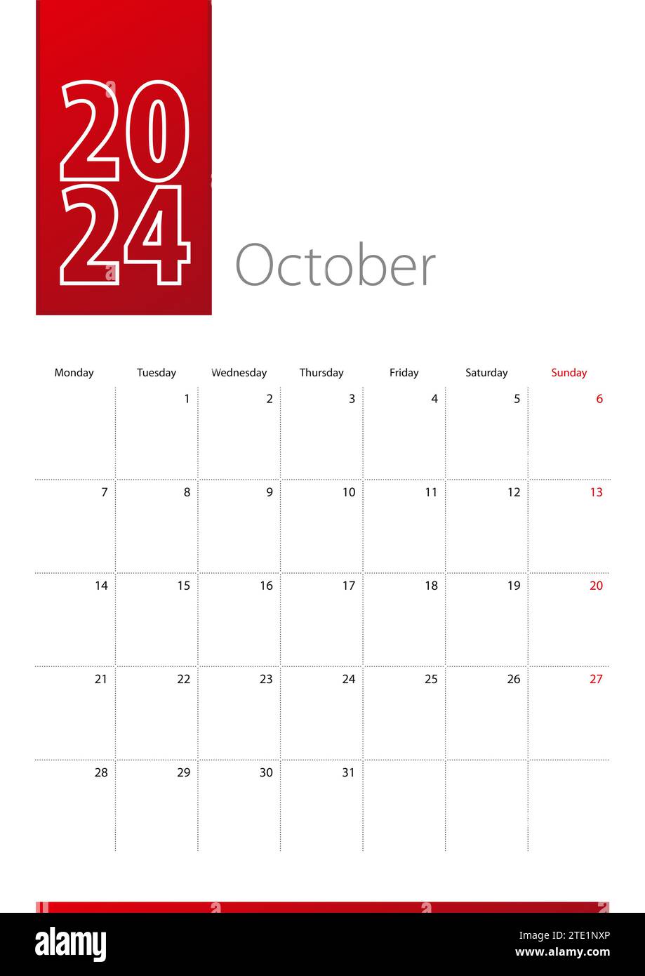 Conception du calendrier octobre 2024. La semaine commence le lundi ...