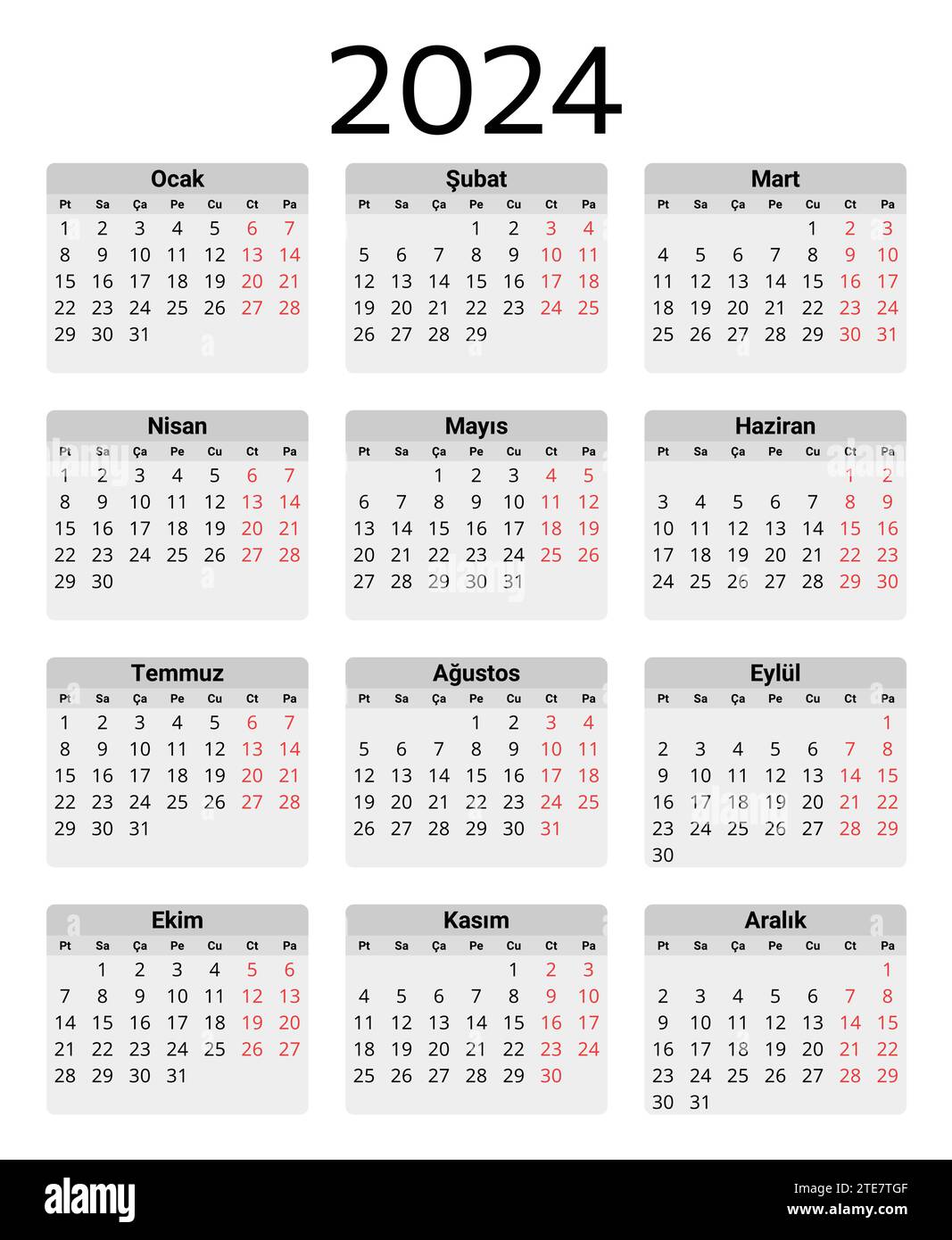 Calendrier TURC pour 2024. Illustration vectorielle imprimable et ...