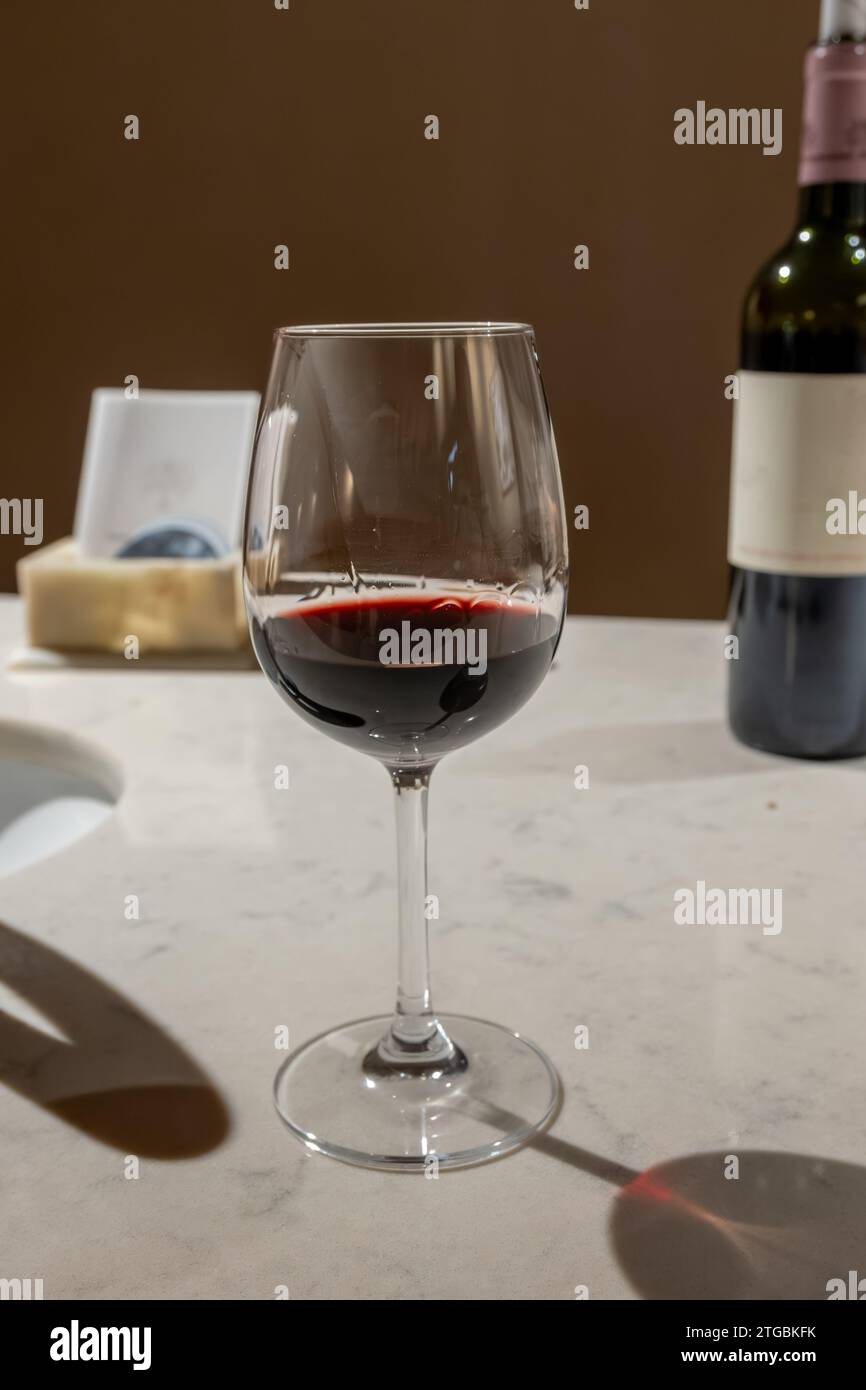 Dégustation de vin rouge sec de Saint-Emilion vieilli en fûts de chêne ...