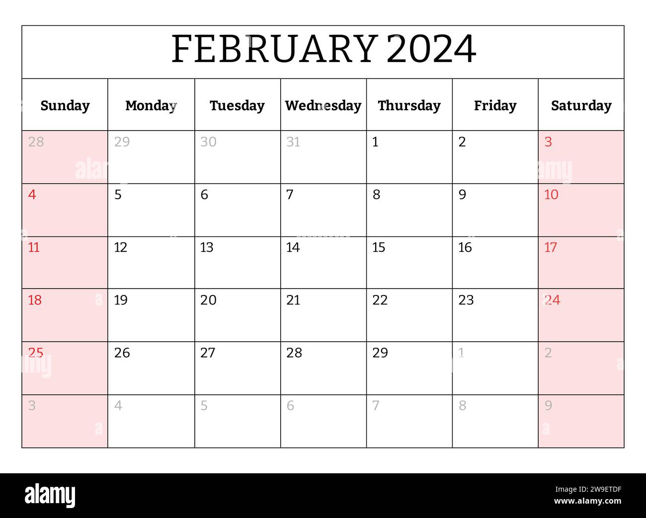 Calendrier mensuel ANGLAIS de février 2024. Illustration imprimable ...