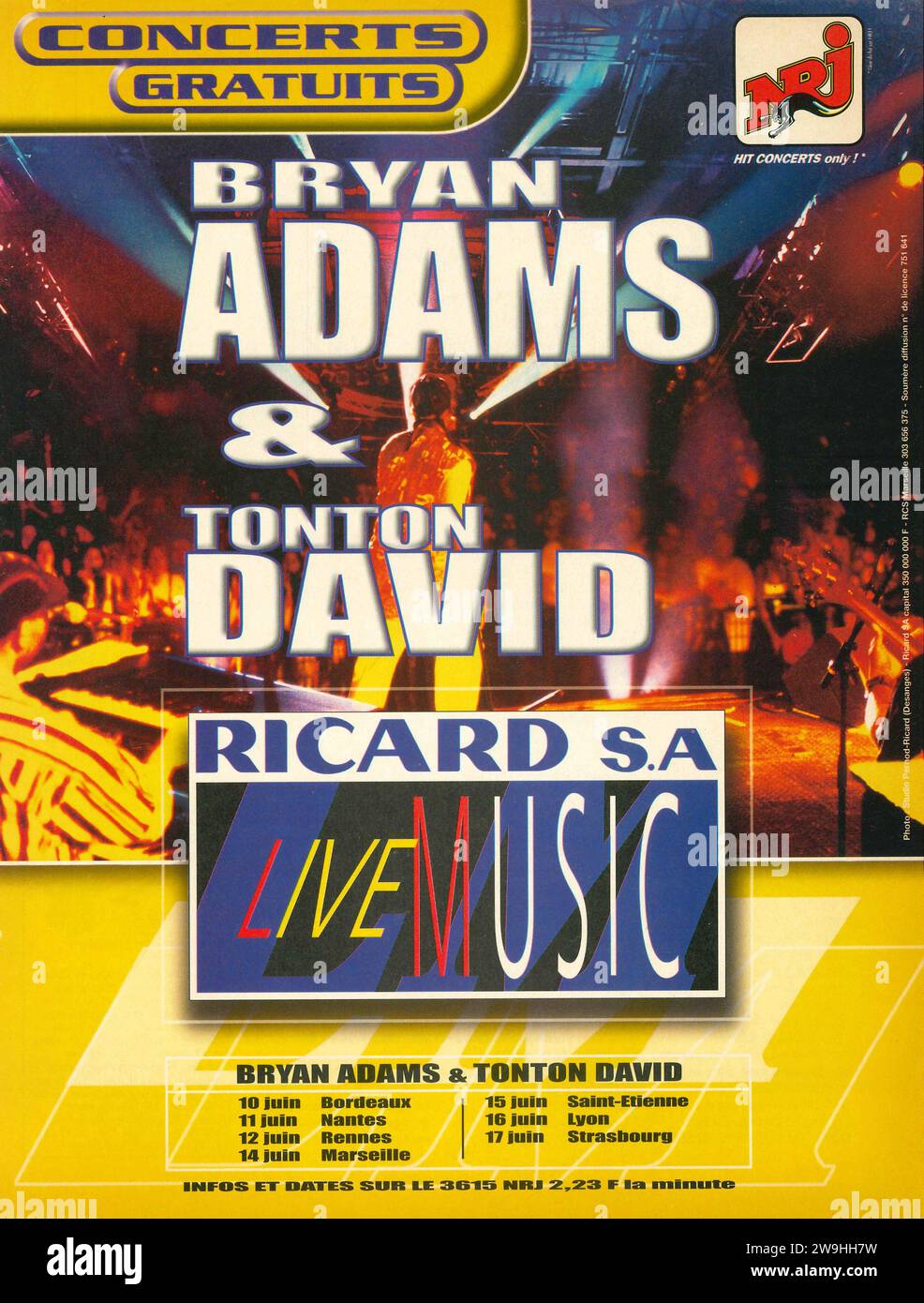 1999 Bryan Adams et Tonton David tournée française, affiche de concerts ...