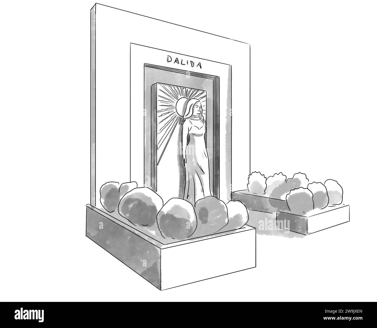 Illustration en noir et blanc de monument de Paris, tombe de Dalida au ...