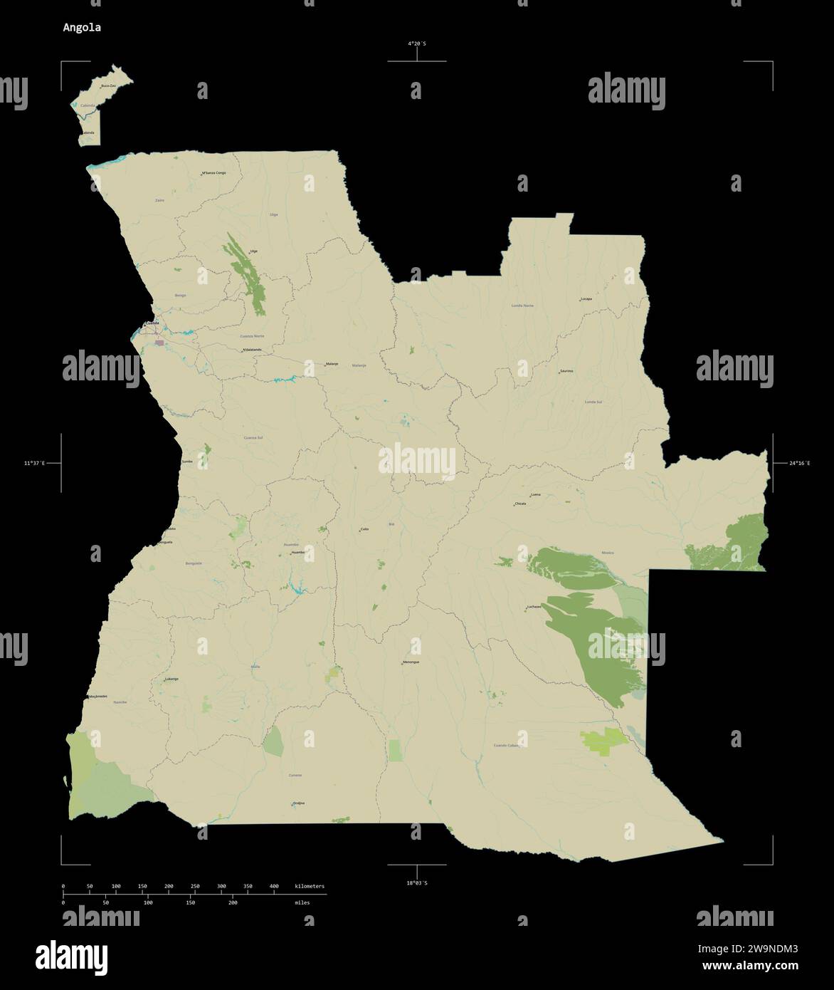 Forme d'une carte topographique, de style OSM humanitaire de l'Angola ...