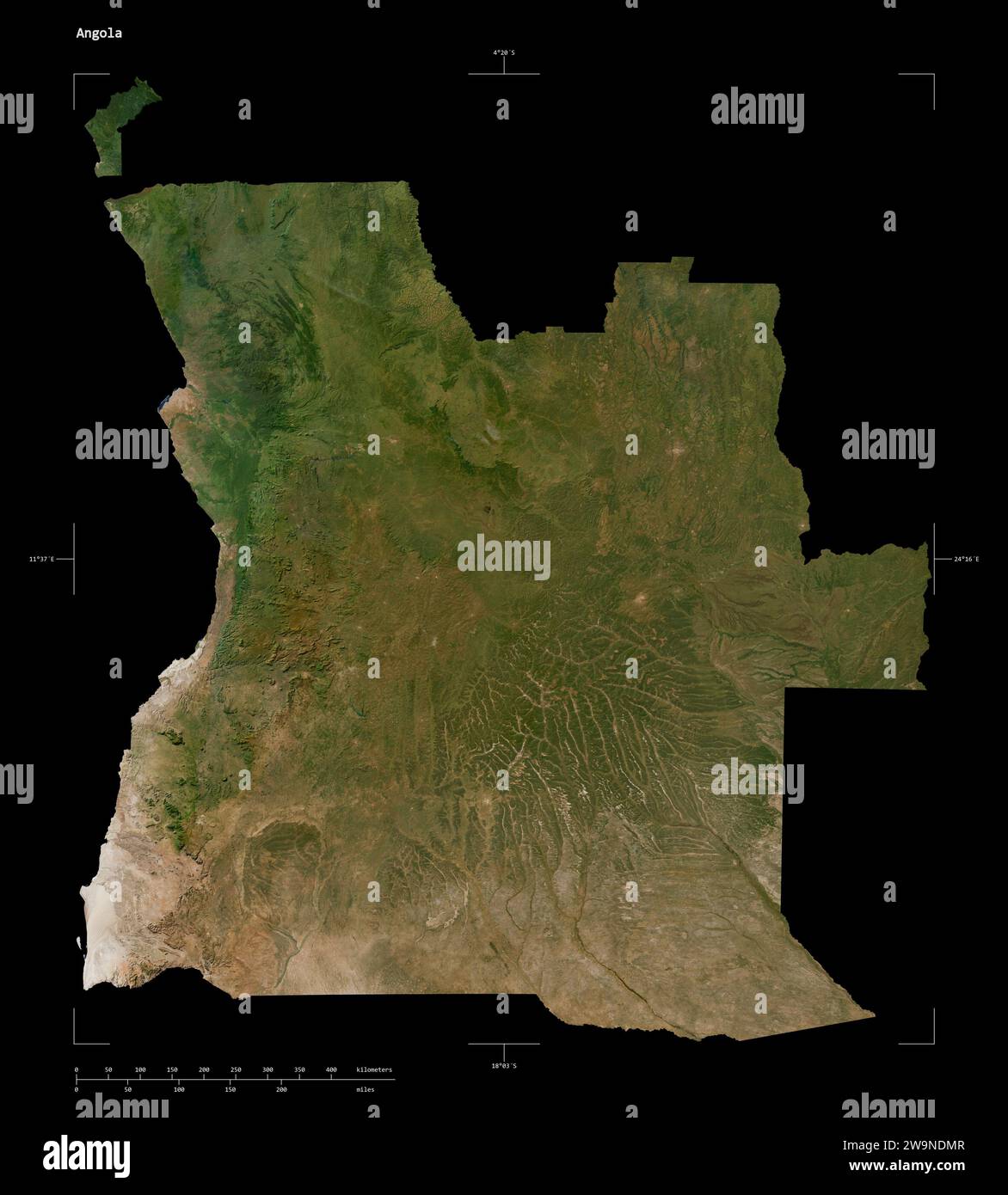 Forme d'une carte satellite à basse résolution de l'Angola, avec ...