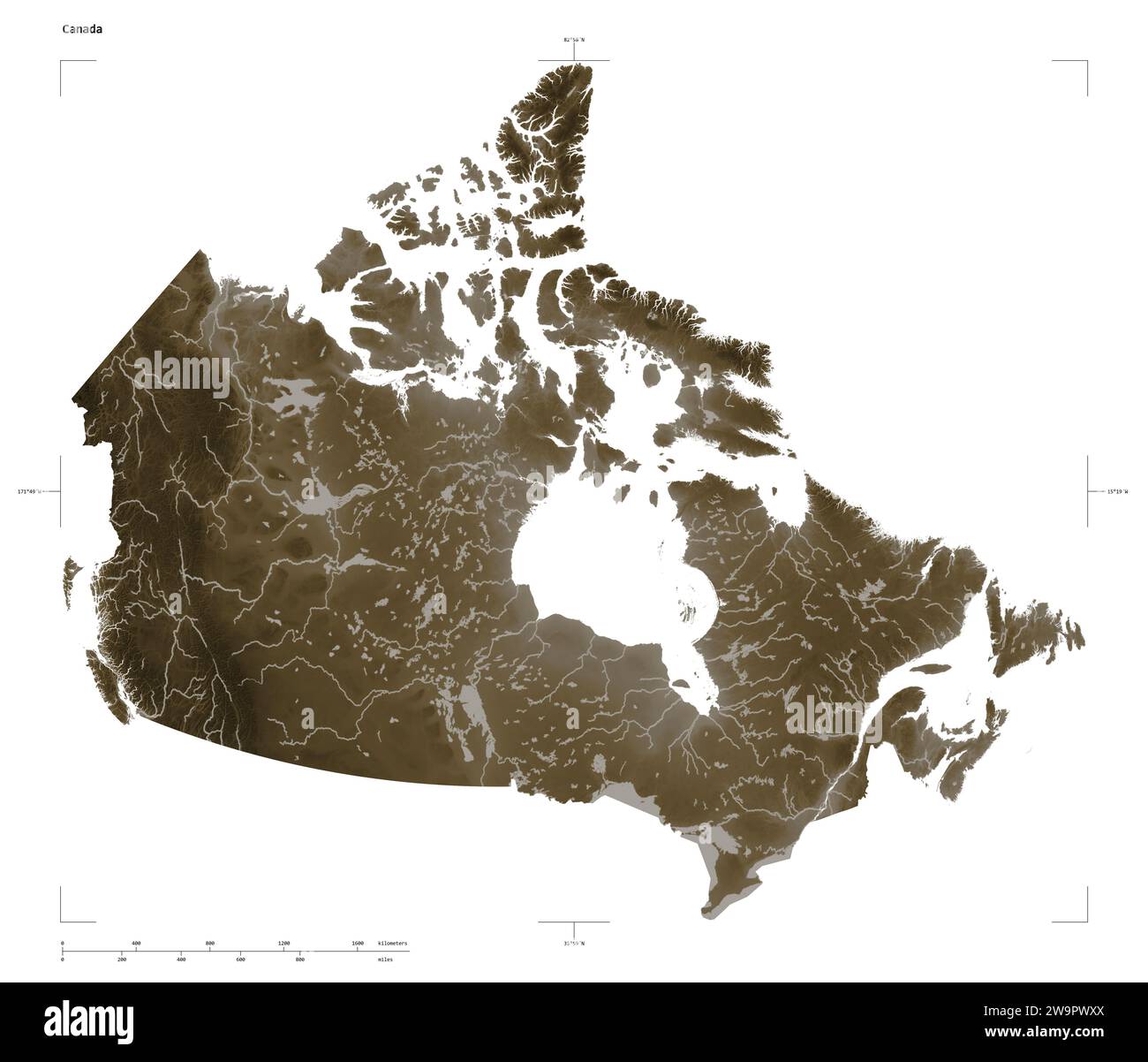 Forme d'une carte altimétrique colorée en tons sépia avec les lacs et ...