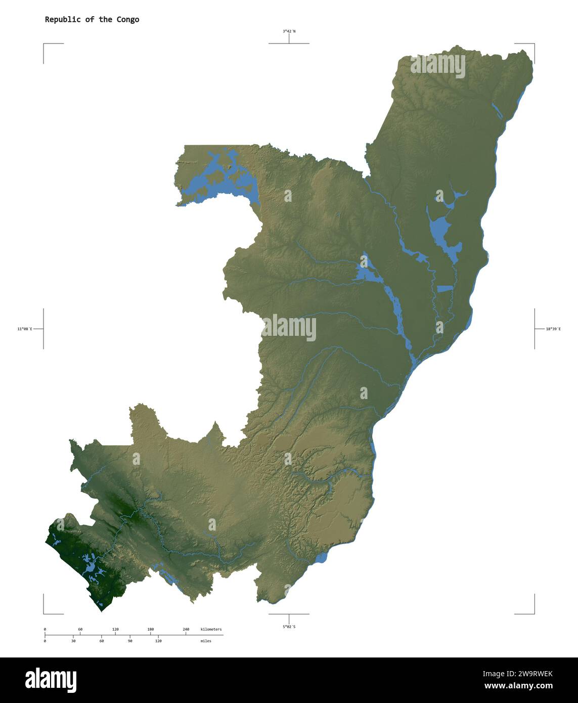 Forme d'une carte altimétrique en couleur avec les lacs et les rivières ...