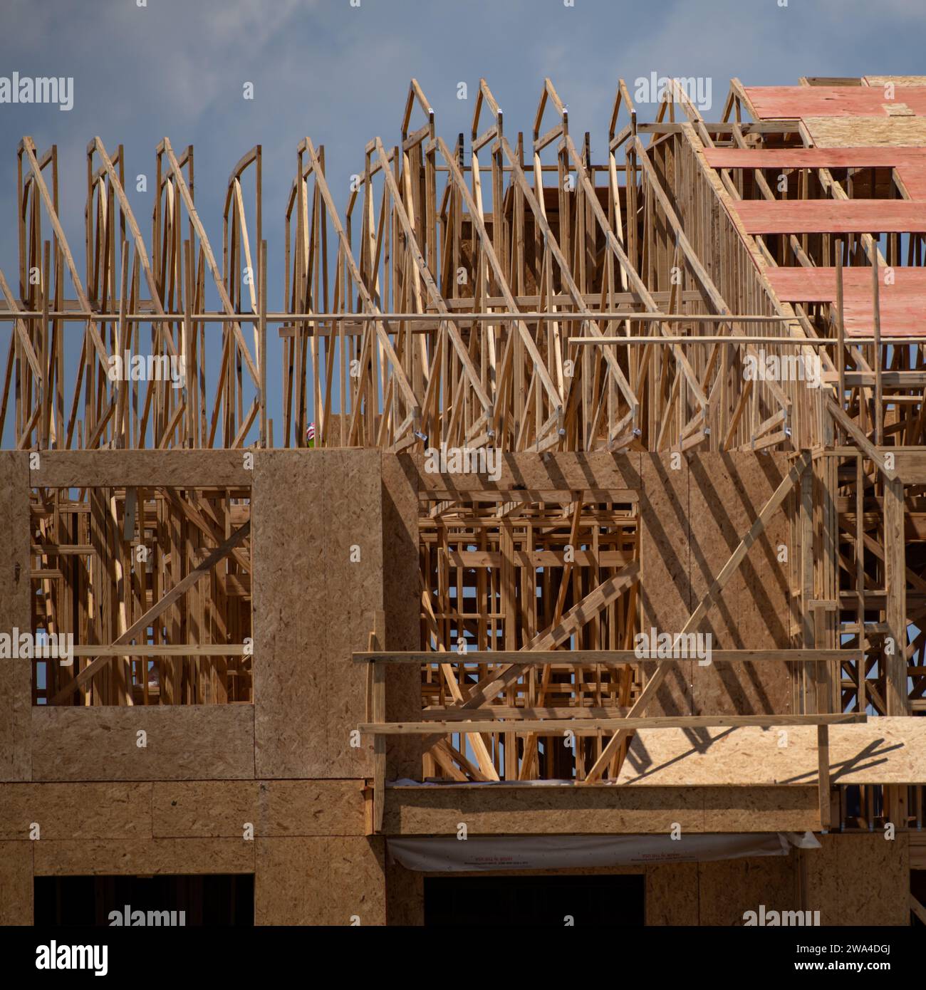 Construction de toit en bois. Bâtiment standard à ossature de bois avec ...