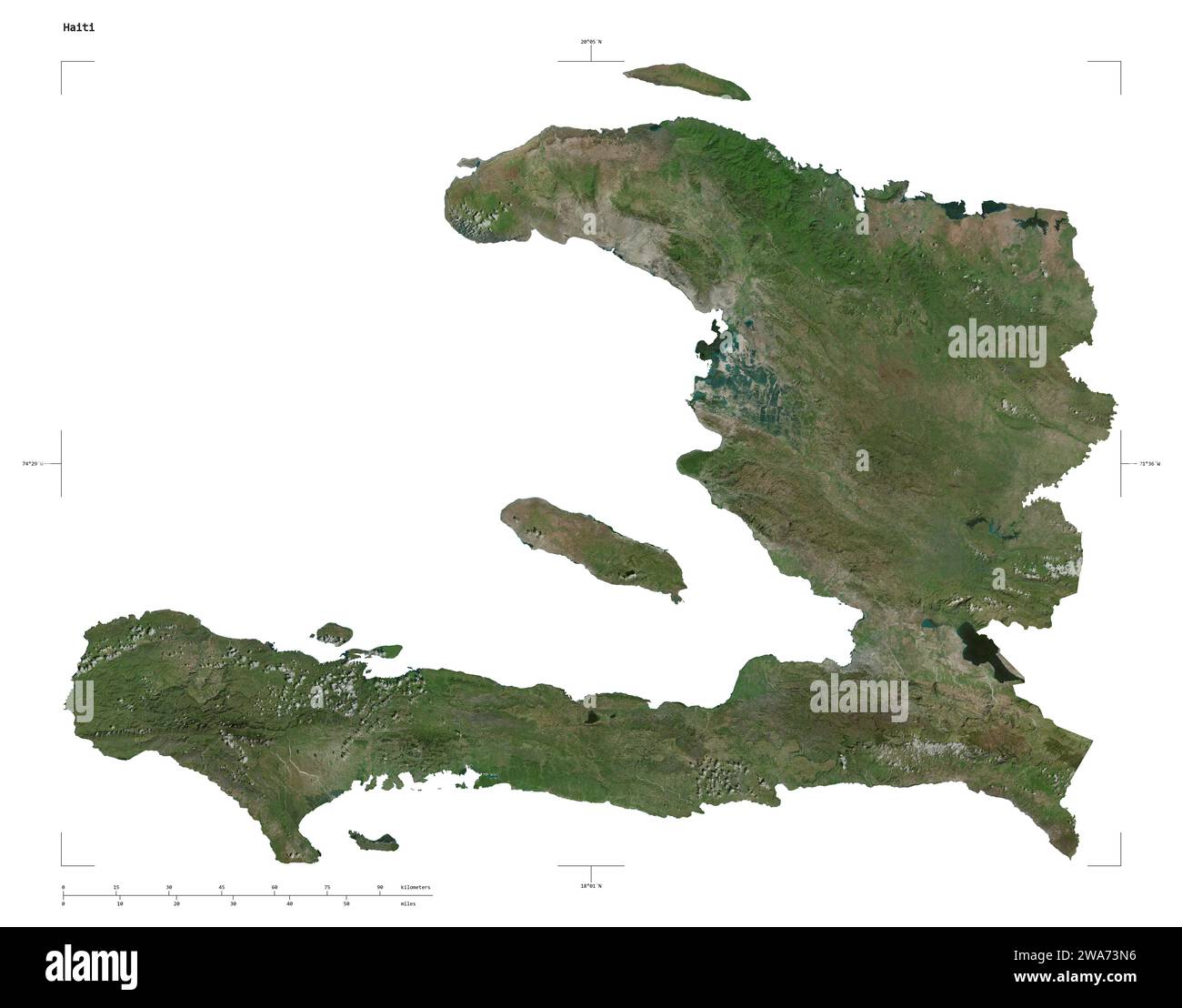 Forme d'une carte satellite à haute résolution d'Haïti, avec échelle de ...