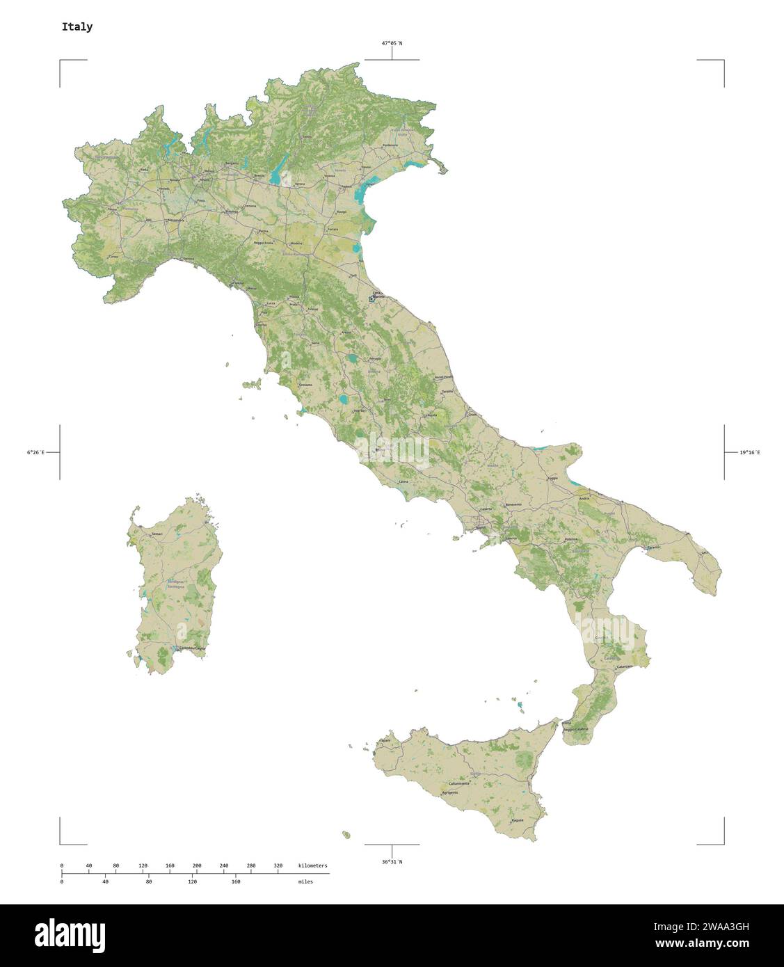 Forme d'une carte topographique, de style OSM humanitaire de l'Italie ...