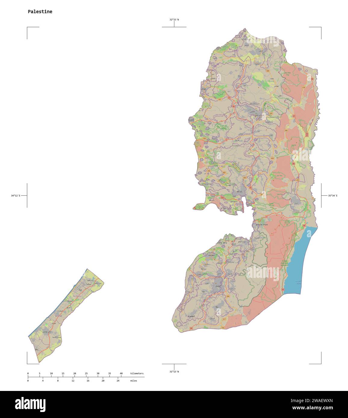 Forme d'une carte topographique, de style OSM standard de la Palestine ...