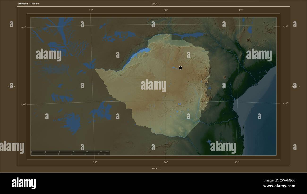 Zimbabwe mis en évidence sur une carte d'altitude en couleur avec des ...