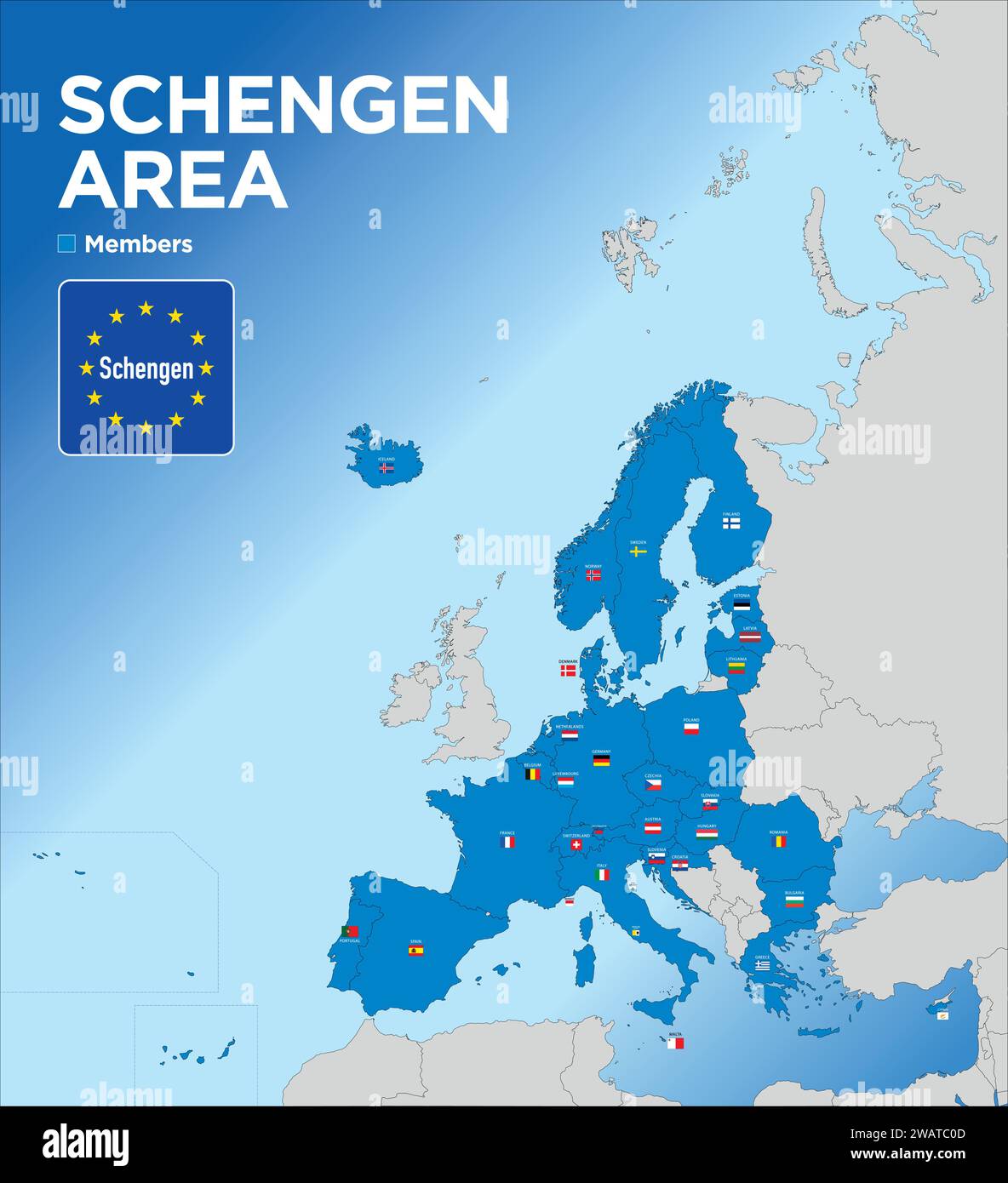 Carte de l'espace Schengen avec la division territoriale des États avec les noms et les drapeaux ...
