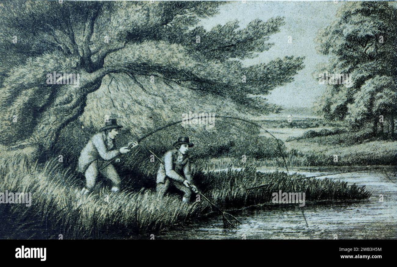 Pêche au brochet : extrait d'une série de vieilles estampes sportives monochromes tirées des ...