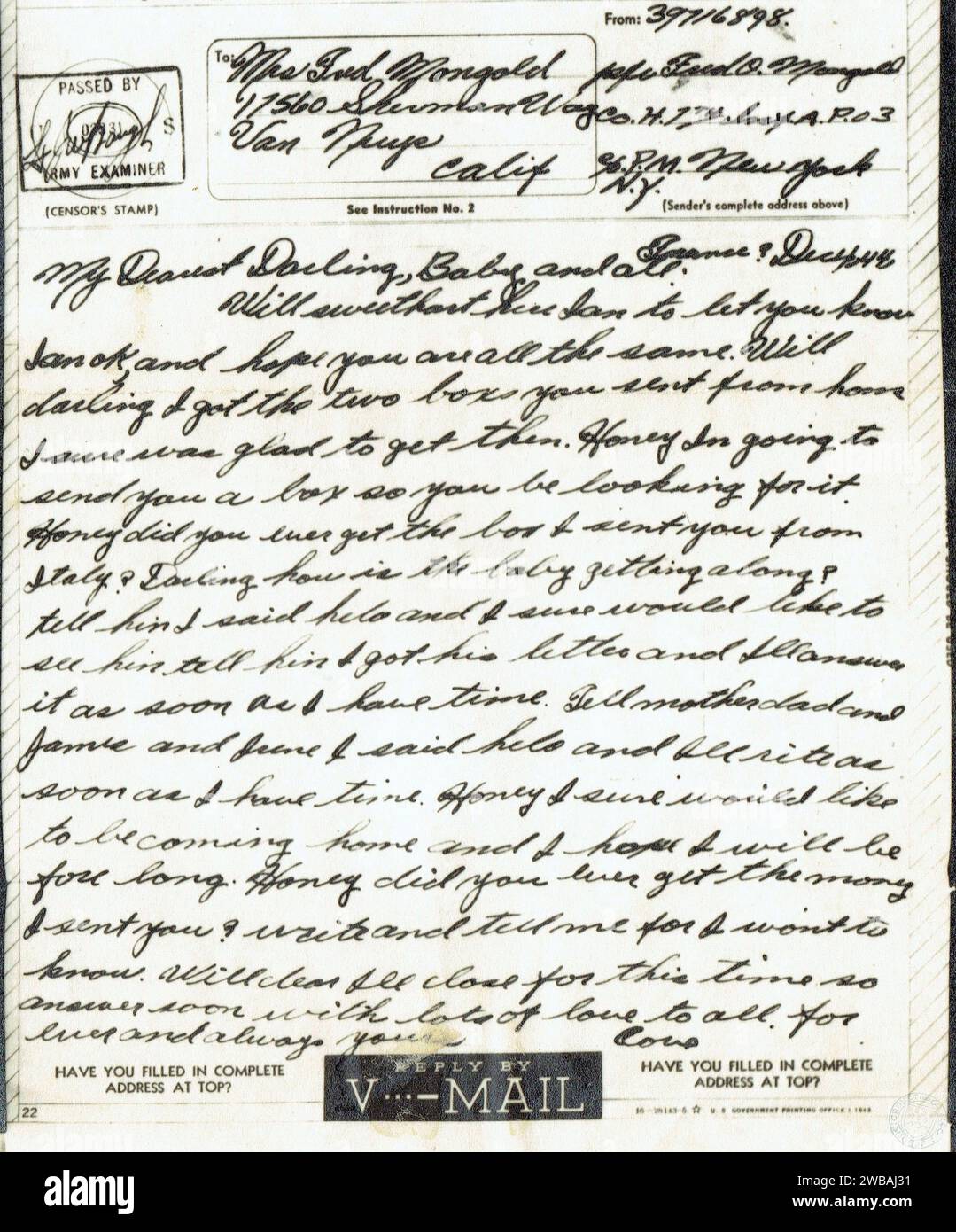 Lettre, V-mail, d'un soldat du 7th Infantry Regiment, 3rd Infantry ...