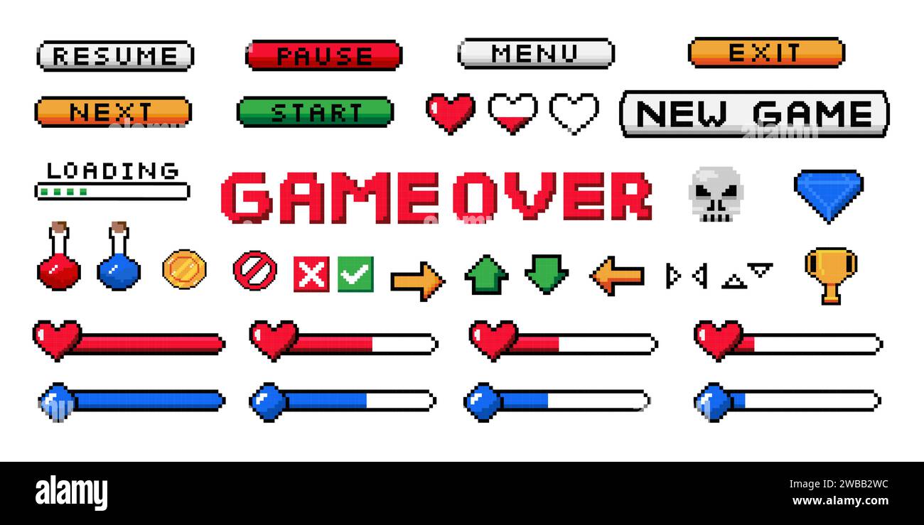 Interface utilisateur du jeu de pixels. boutons et flèches d'interface ...