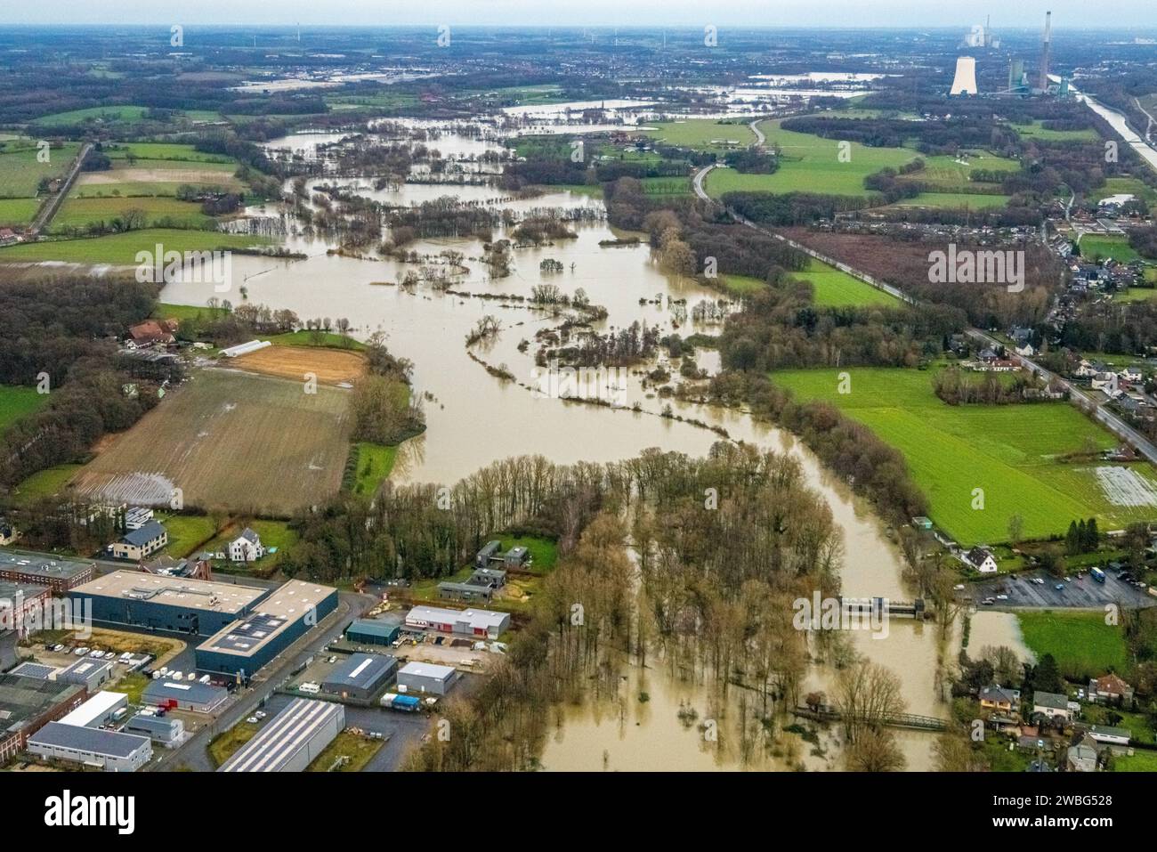 Luftbild vom Hochwasser der Lippe, Weihnachtshochwasser 2023, Fluss ...