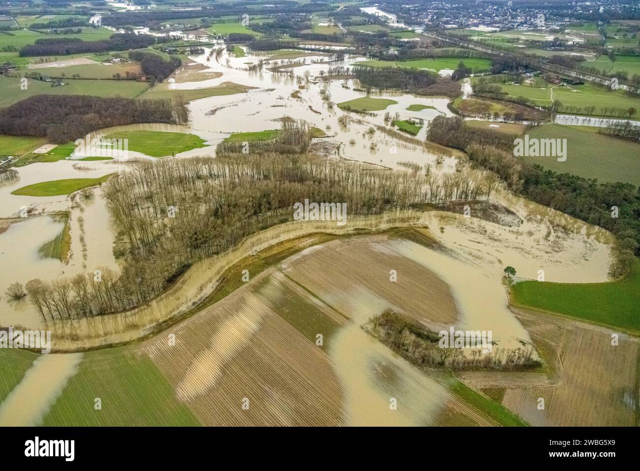 Luftbild vom Hochwasser der Lippe, Weihnachtshochwasser 2023, Fluss ...