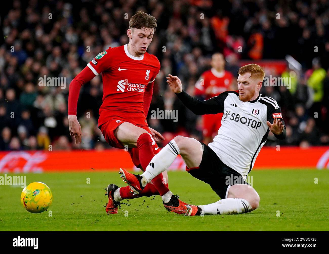Conor Bradley de Liverpool (à gauche) et Harrison Reed de Fulham se ...