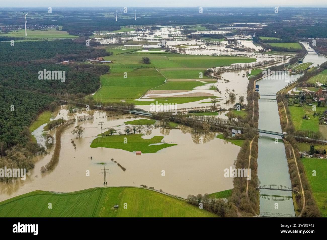 Luftbild vom Hochwasser der Lippe, Weihnachtshochwasser 2023, Fluss ...