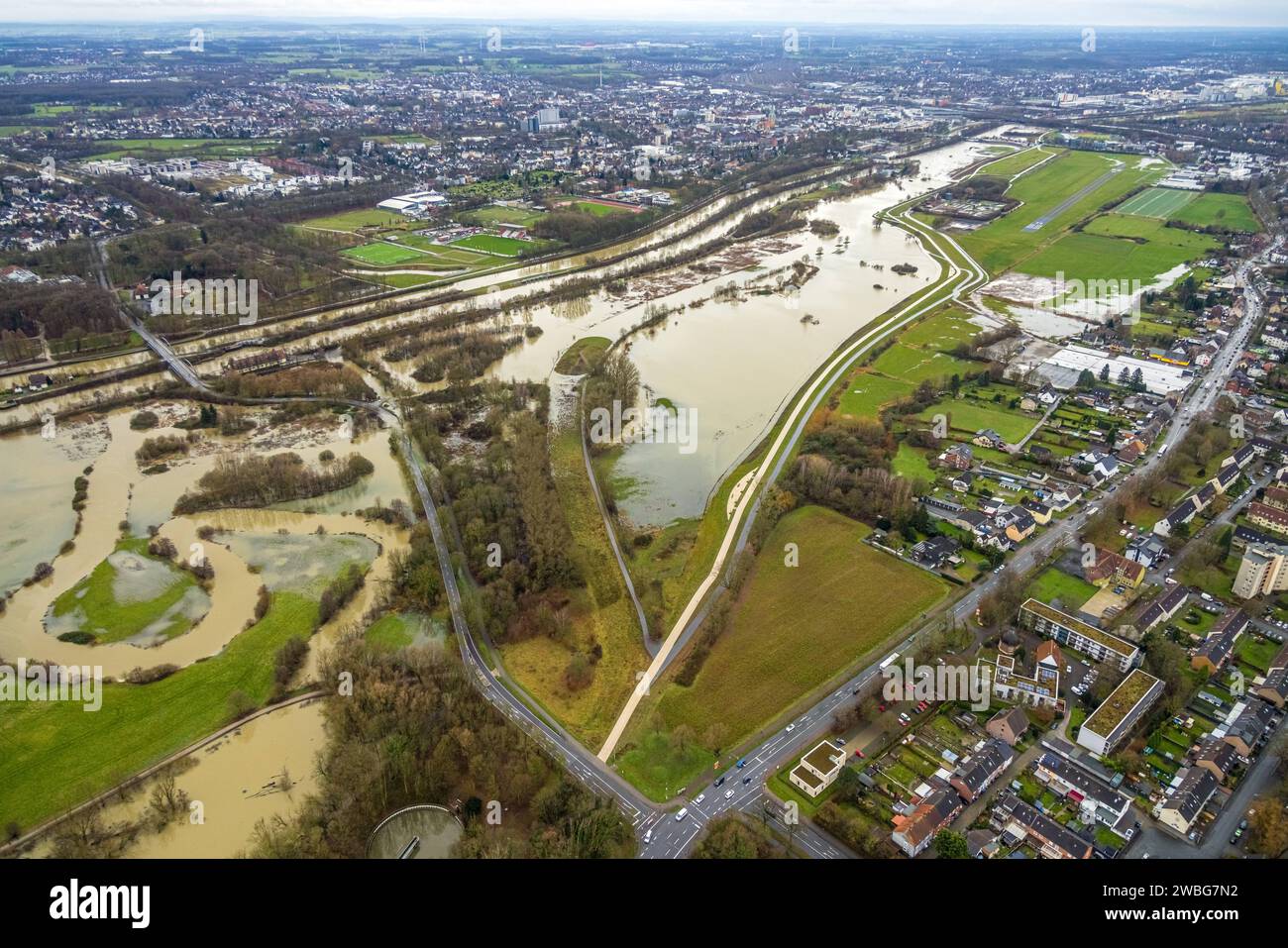 Luftbild vom Hochwasser der Lippe, Weihnachtshochwasser 2023, Fluss ...
