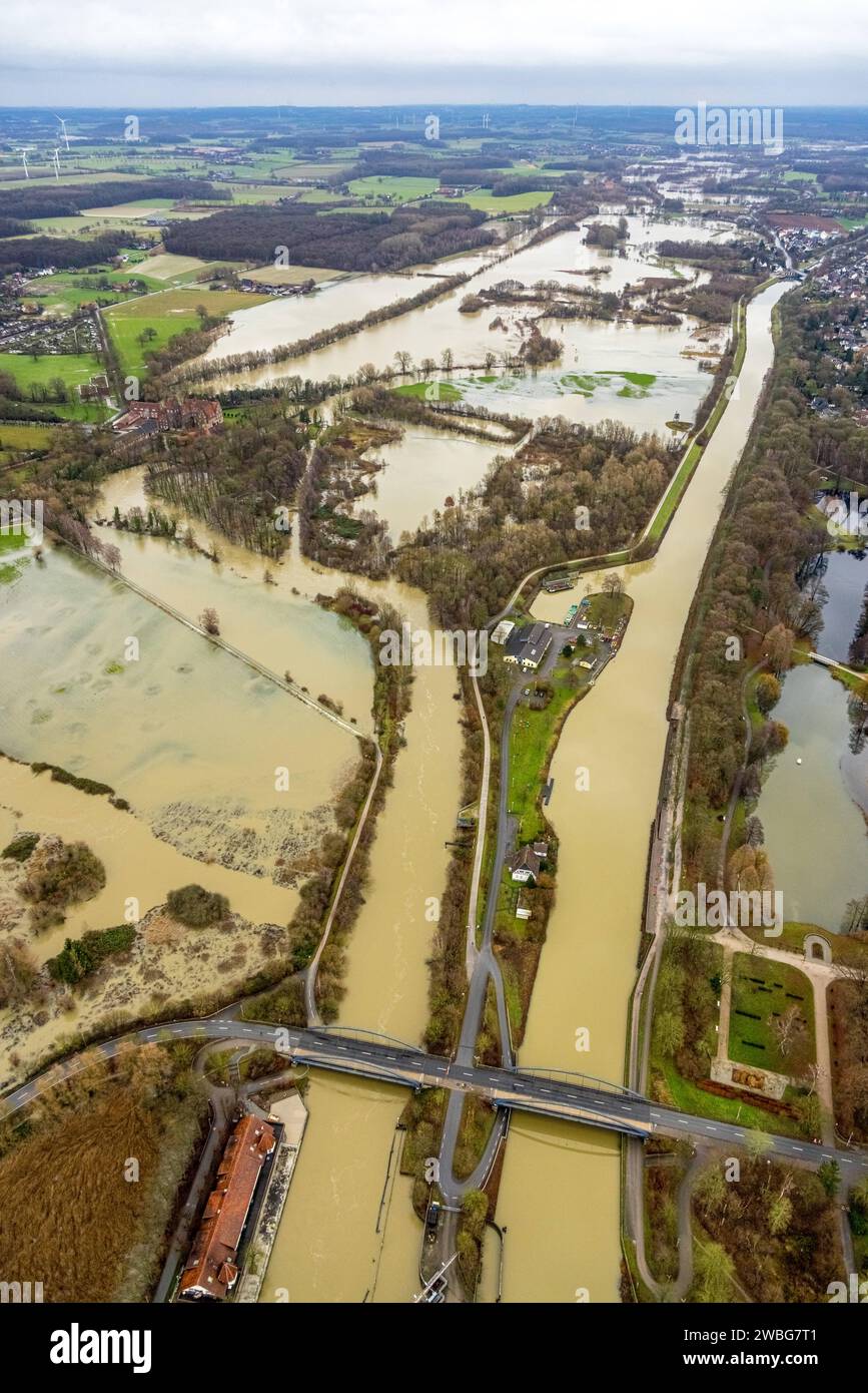 Luftbild vom Hochwasser der Lippe, Weihnachtshochwasser 2023, Fluss ...