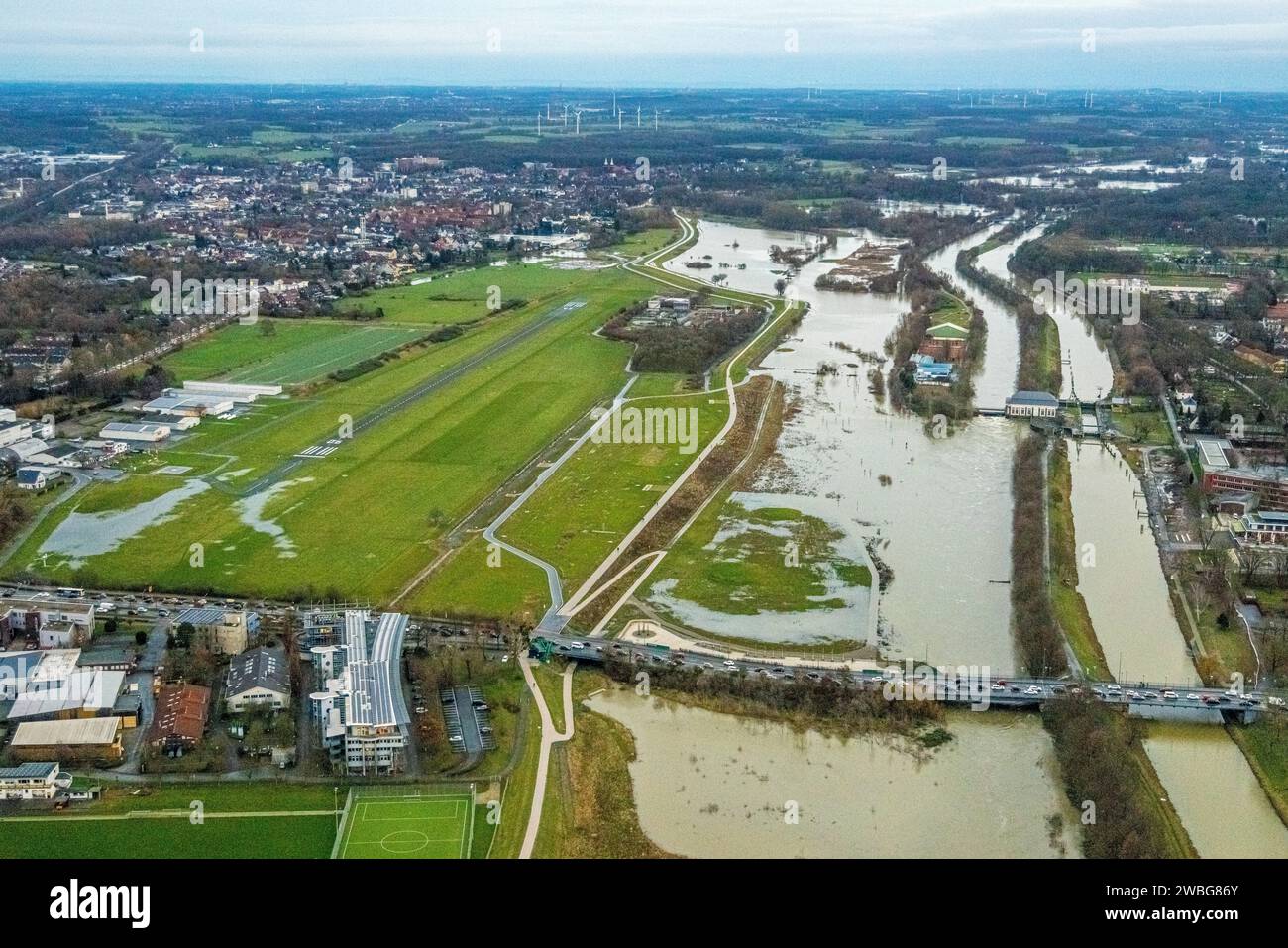 Luftbild vom Hochwasser der Lippe, Weihnachtshochwasser 2023, Fluss ...