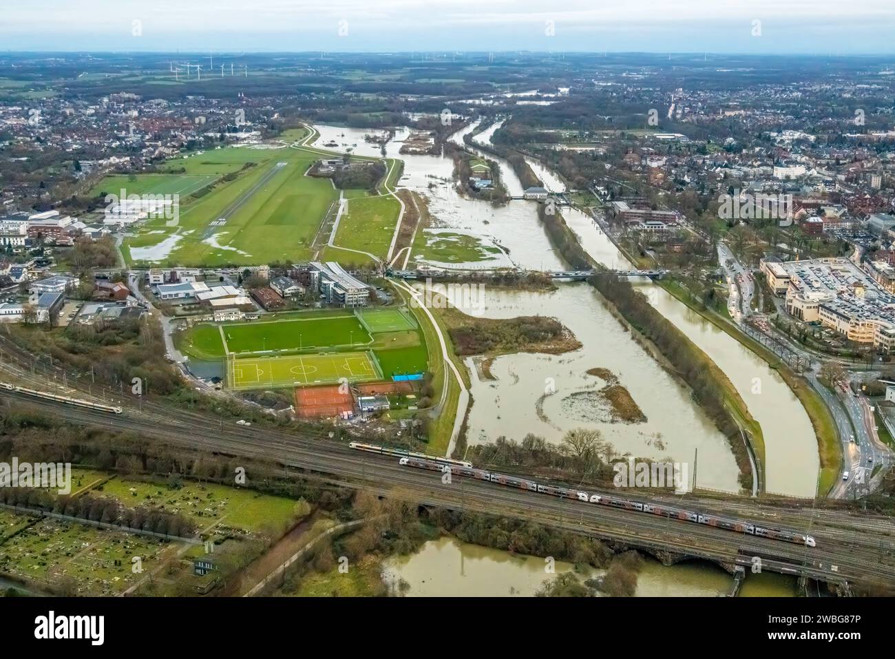Luftbild vom Hochwasser der Lippe, Weihnachtshochwasser 2023, Fluss ...