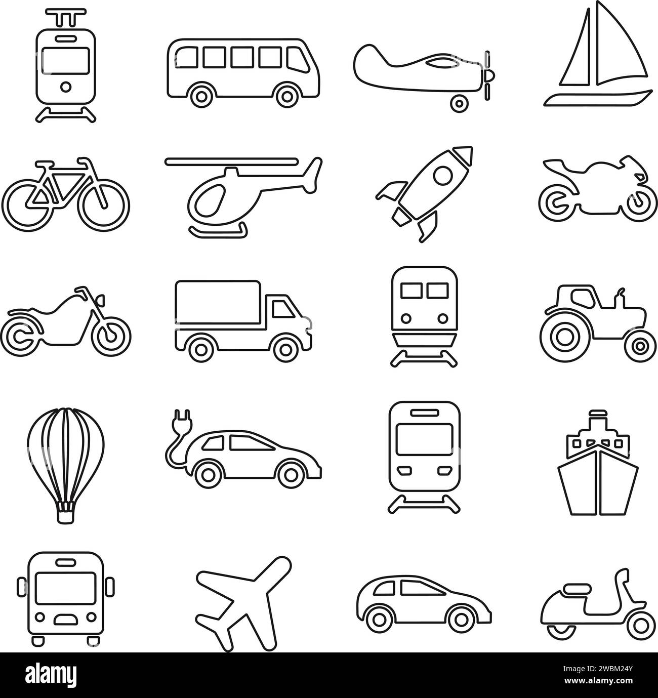 Ensemble d'icônes de transport ou de transport. Contenant voiture, vélo ...