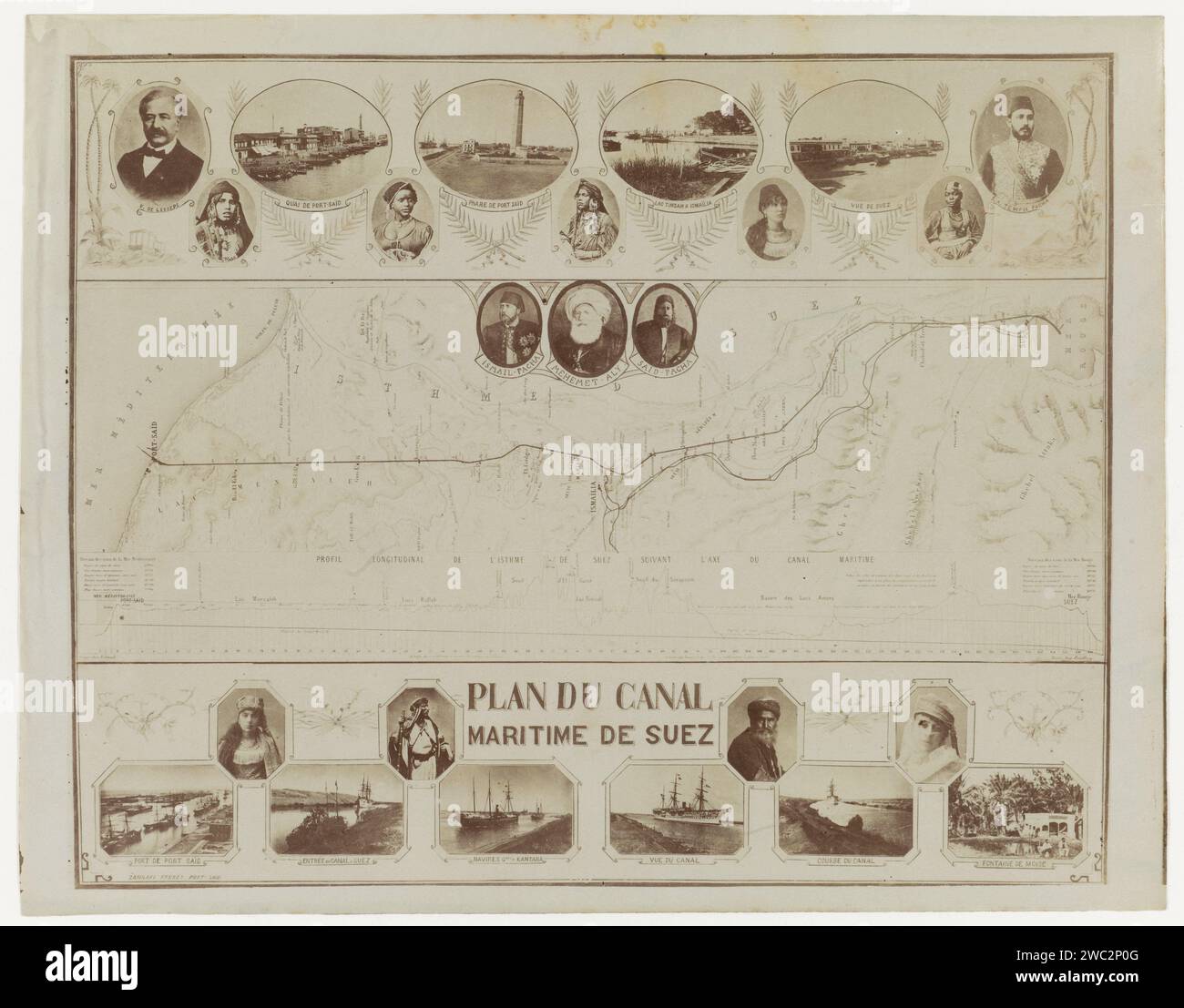 Production photographique d'une carte du canal de Suez, C. & G. Zangaki, d'après Anonymous, 1870 ...