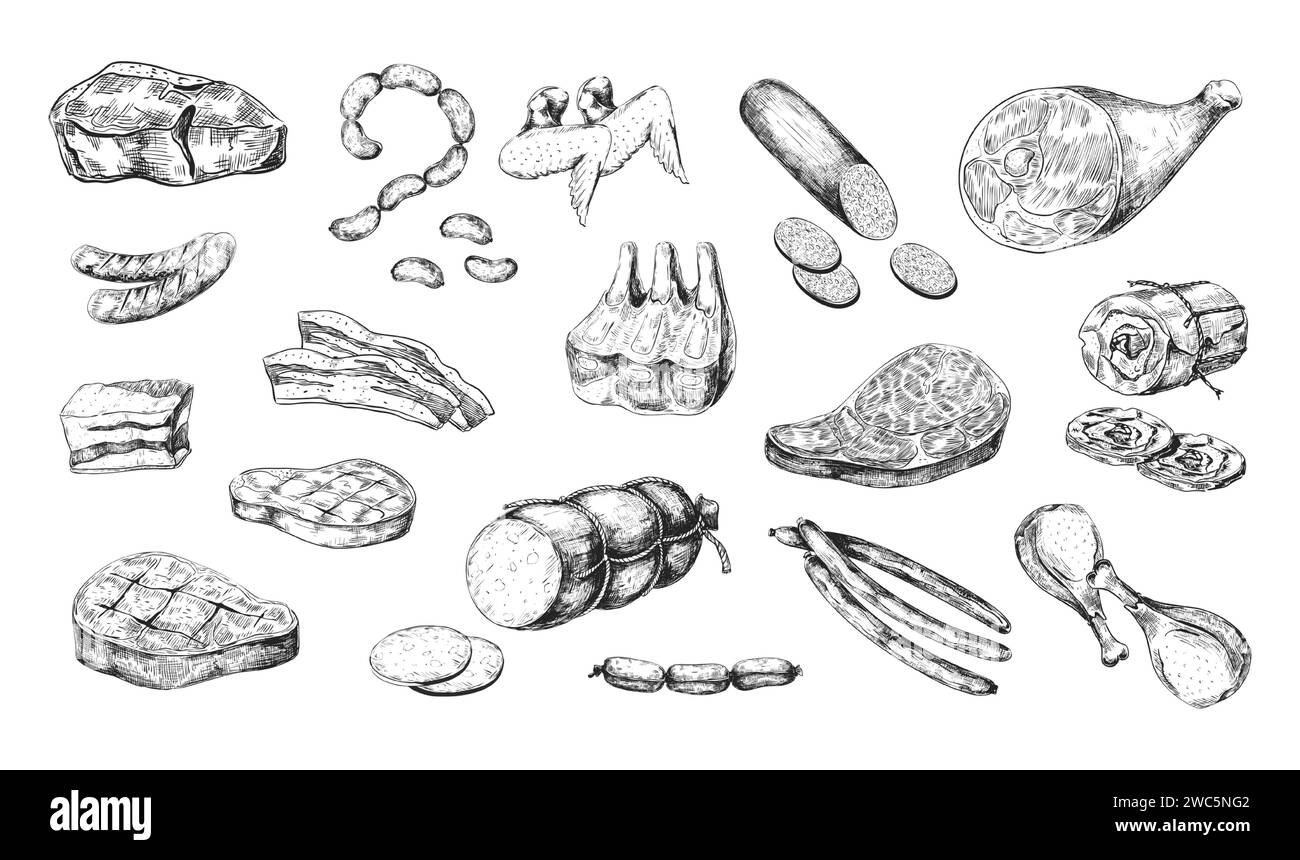 Produits carnés étirés à la main. Morceaux de porc et de bœuf, morceaux ...