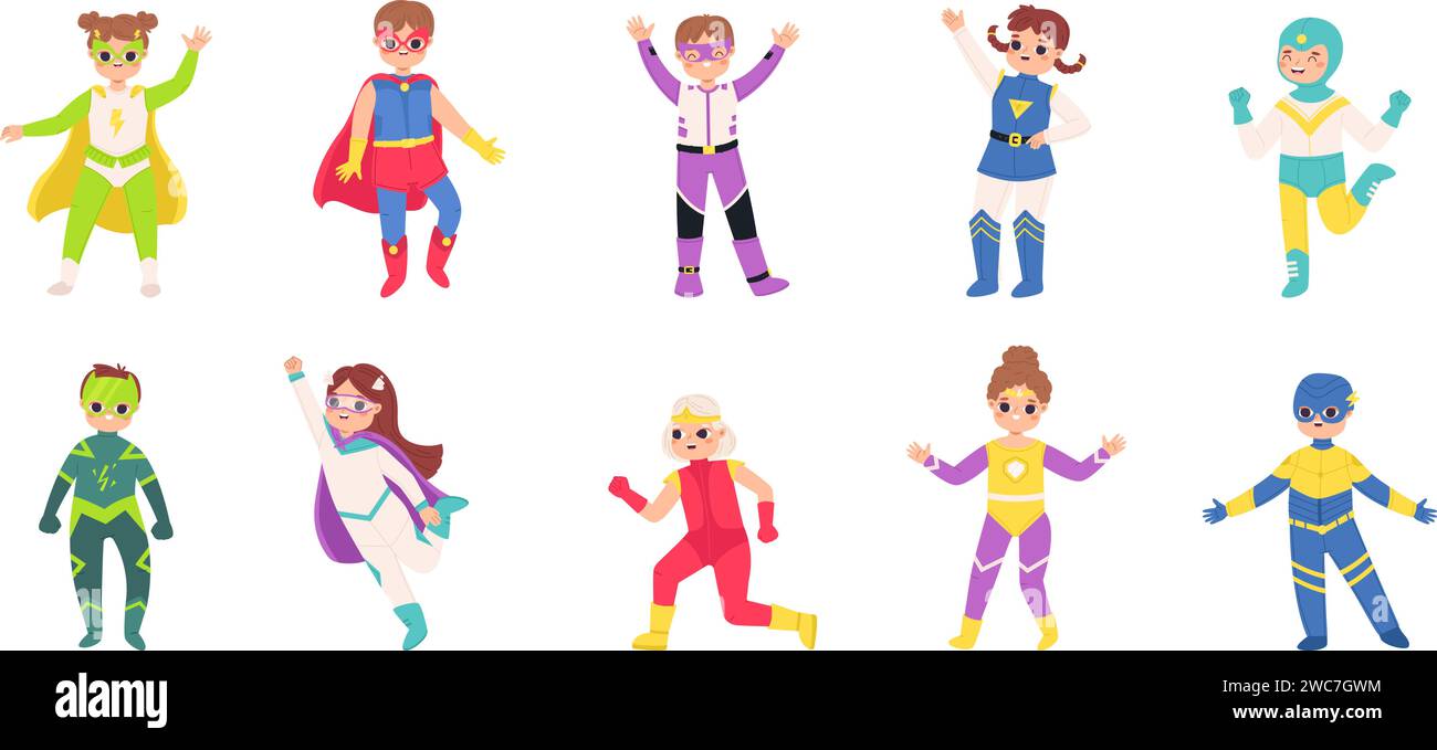 Enfants de dessins animés en costumes de super-héros. Enfants super ...