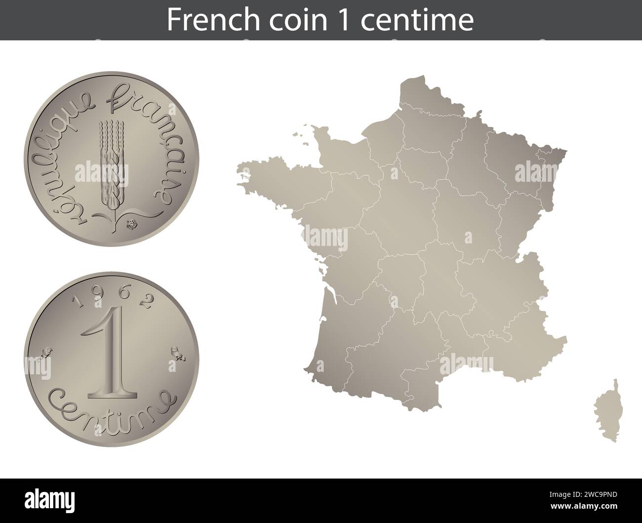 France pièce d'un centime. Revers et avers de la pièce d'un centime de ...
