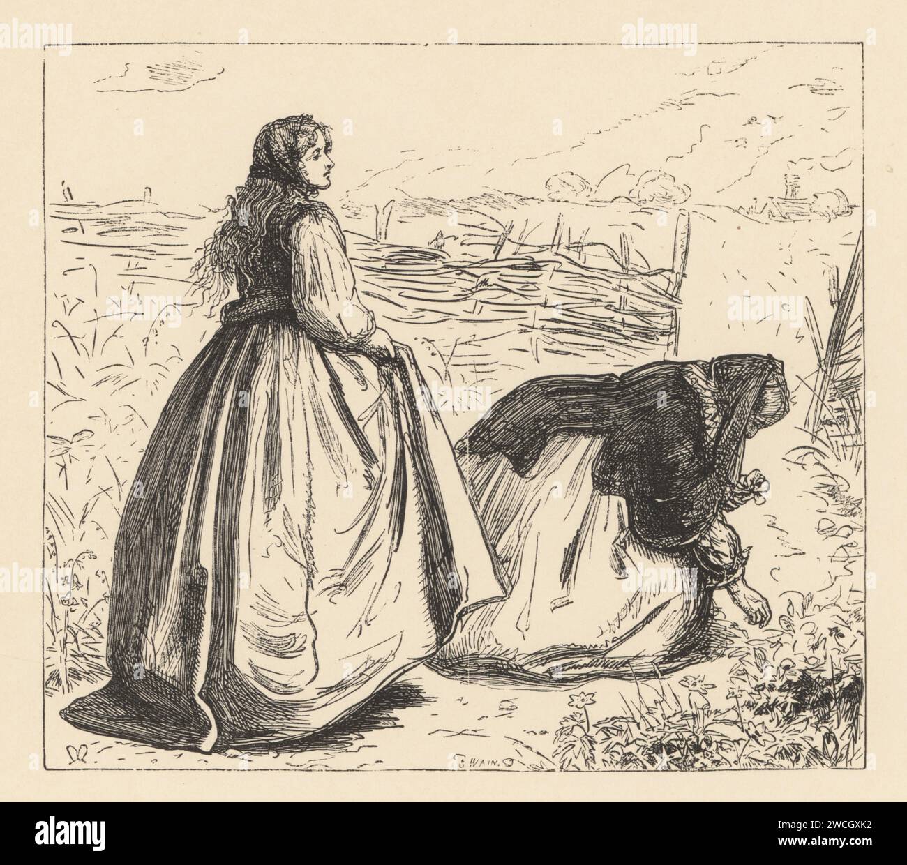 Deux femmes victoriennes cueillant des fleurs sauvages dans un jardin ...